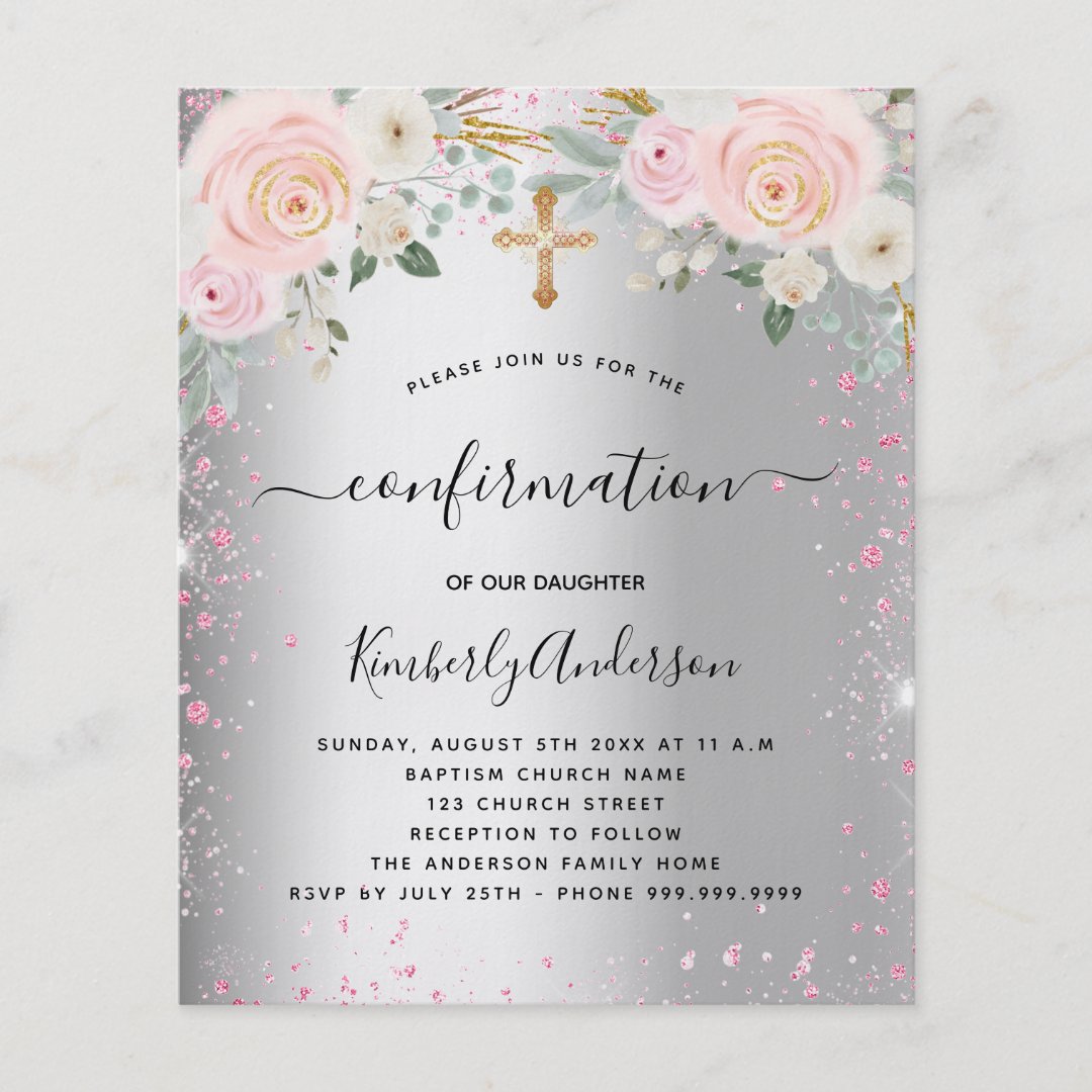 Confirmation girl silver pink floral invitation flyer | Zazzle