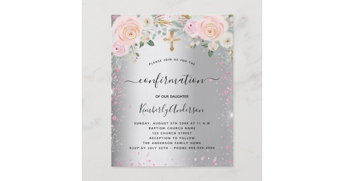 Confirmation girl silver pink floral invitation flyer | Zazzle
