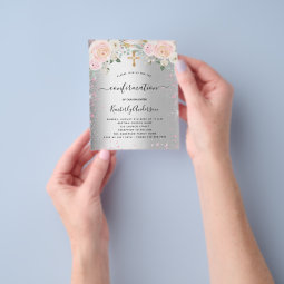Confirmation girl silver pink floral invitation flyer | Zazzle