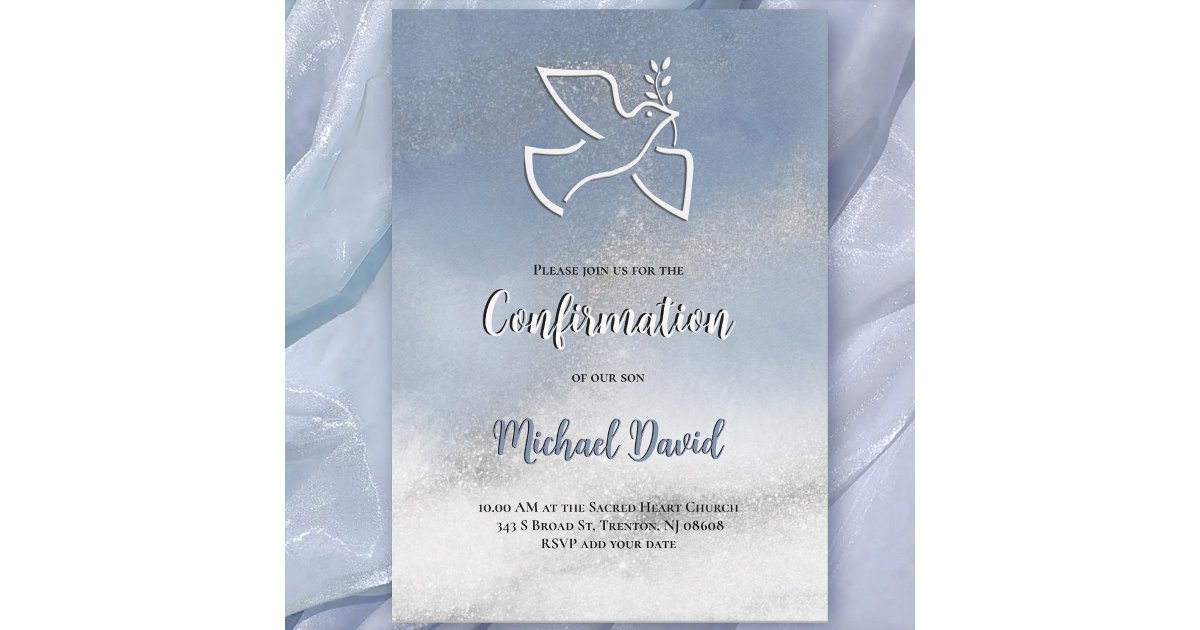Confirmation gray blue marble invitation | Zazzle
