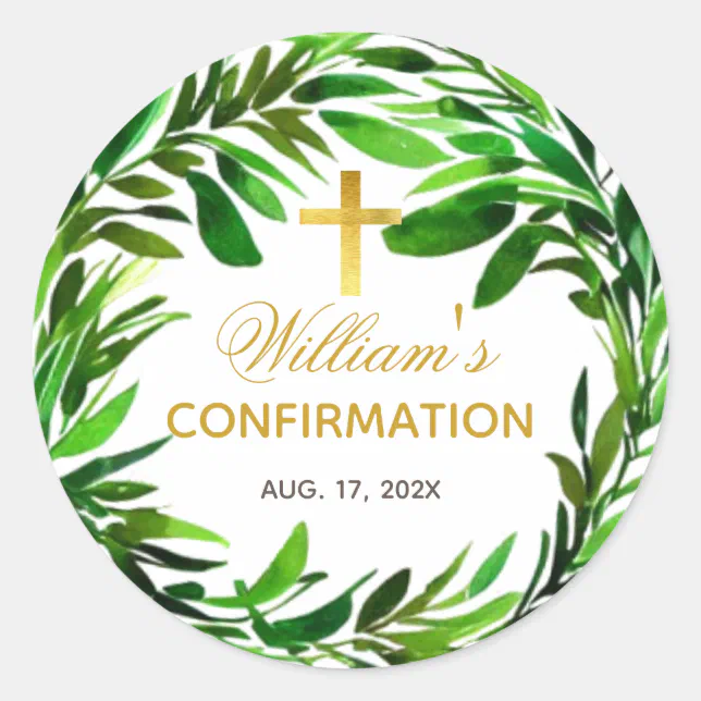 Confirmation Greenery Wreath Botanical Watercolor Classic Round Sticker ...