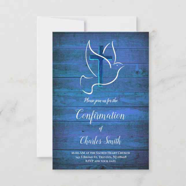 confirmation Holy Spirit design on blue wood Invitation | Zazzle