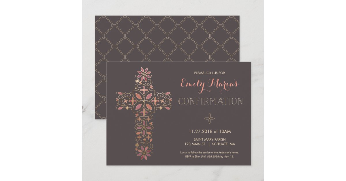 Confirmation Invitation - Gold, Pink Cross Invite | Zazzle