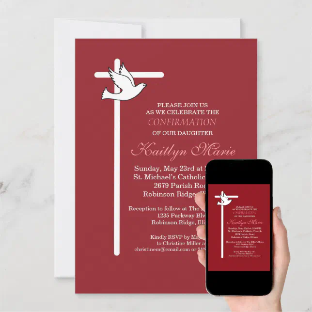 Confirmation Invitation White Cross & Dove on Red | Zazzle