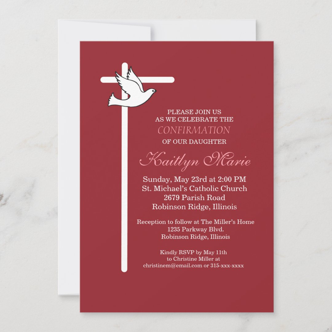 Confirmation Invitation White Cross & Dove on Red | Zazzle
