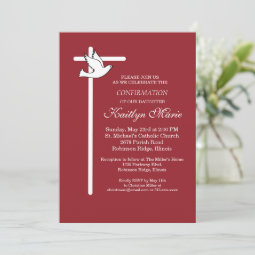 Confirmation Invitation White Cross & Dove on Red | Zazzle