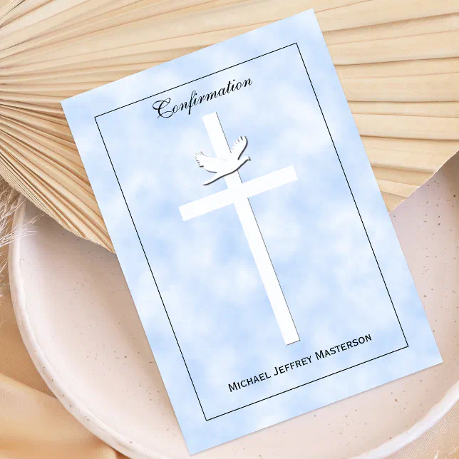 Confirmation Invite Dove and Cross on Blue Invite | Zazzle