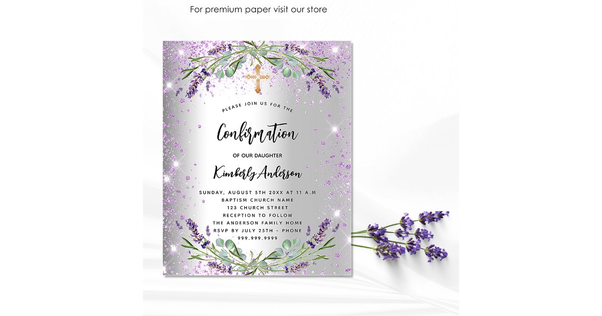 Confirmation lavender silver budget invitation flyer | Zazzle