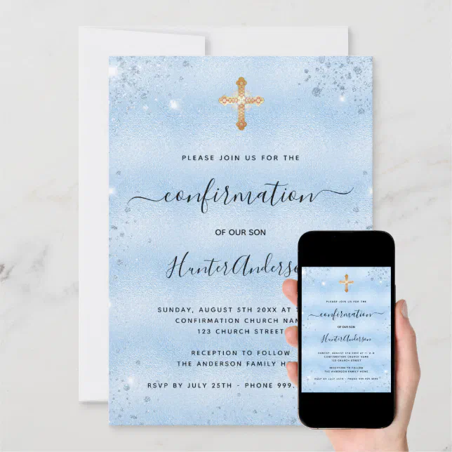 Confirmation light blue gold cross boy invitation | Zazzle