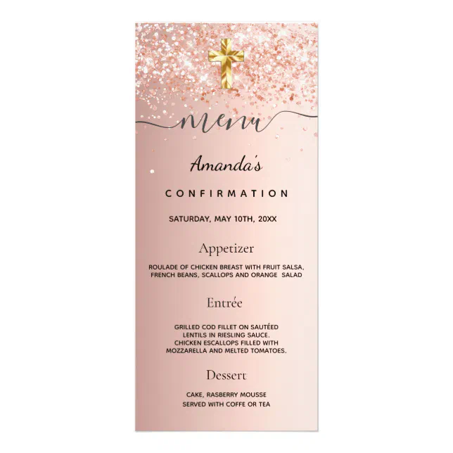 Confirmation Menu blush rose gold glitter dust | Zazzle