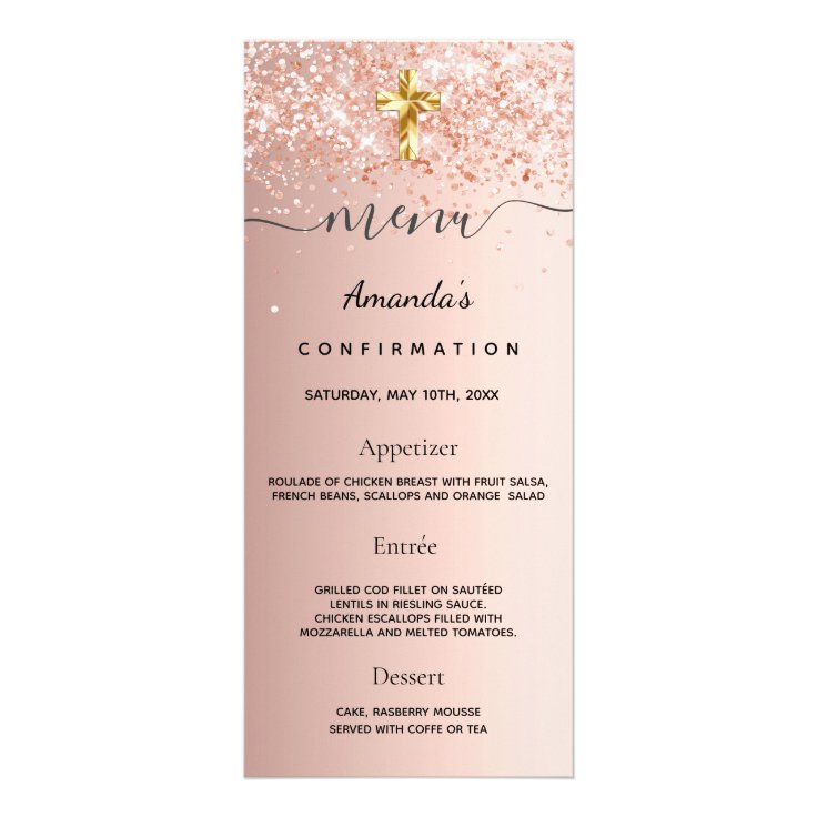 Confirmation Menu blush rose gold glitter dust | Zazzle