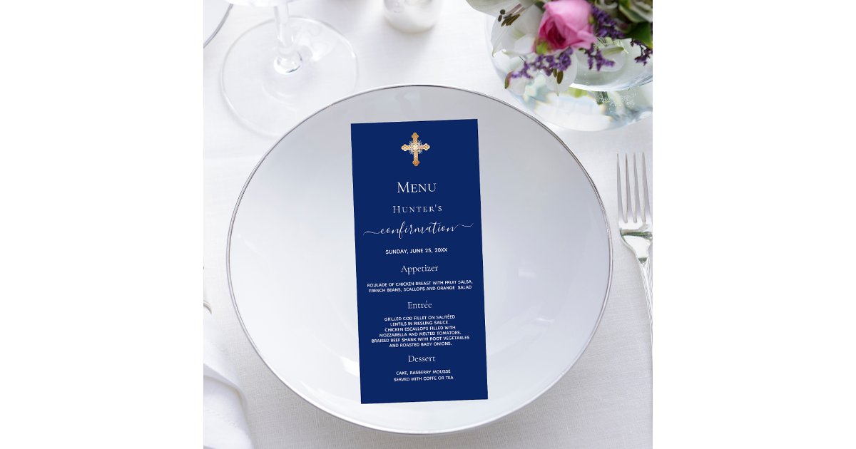 Confirmation Menu navy blue gold cross | Zazzle