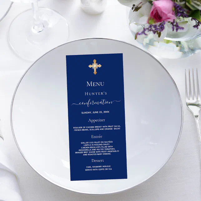 Confirmation Menu navy blue gold cross | Zazzle