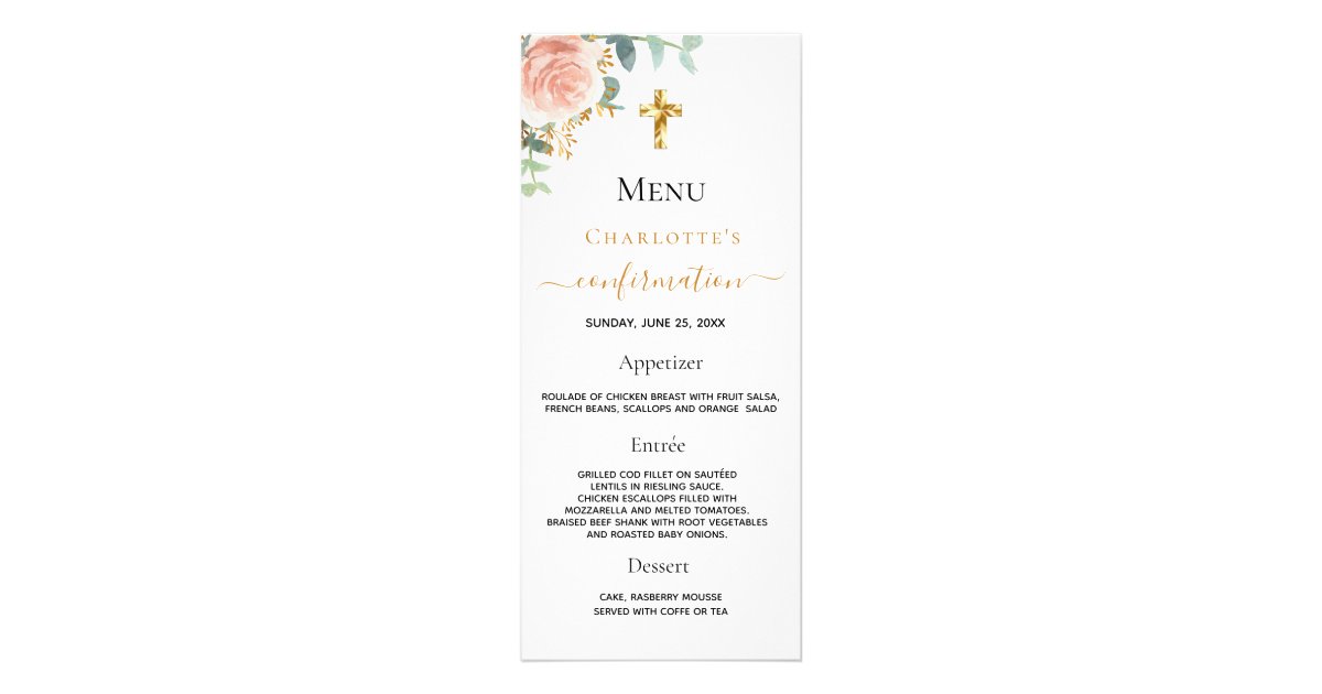 Confirmation Menu rose gold blush pink floral girl | Zazzle