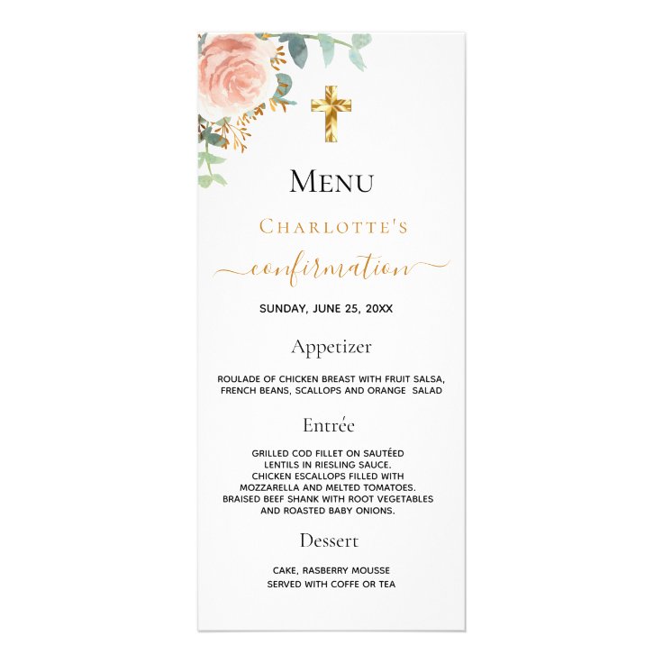 Confirmation Menu rose gold blush pink floral girl | Zazzle