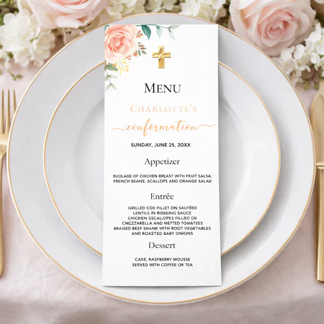 Confirmation Menu rose gold blush pink floral girl | Zazzle