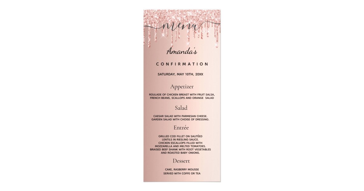 Confirmation Menu rose gold glitter photo fun fact | Zazzle