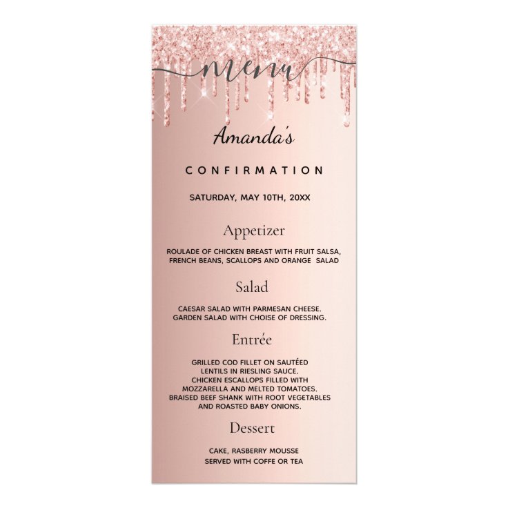Confirmation Menu rose gold glitter photo fun fact | Zazzle