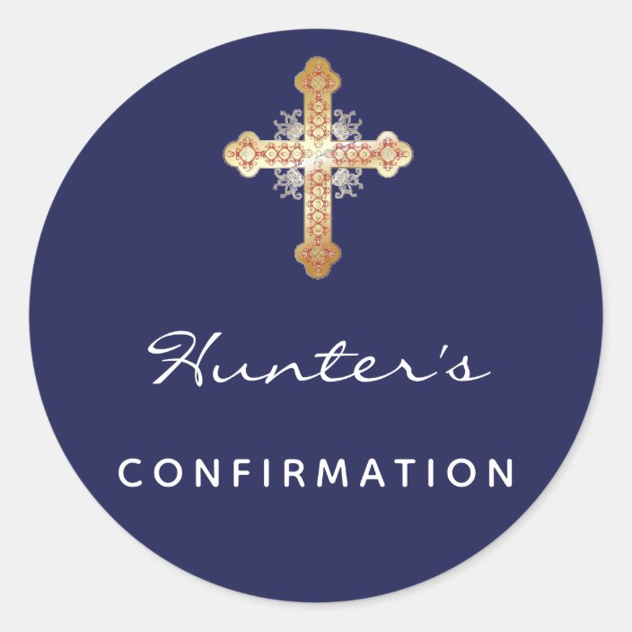 Confirmation navy blue boy cross name classic round sticker | Zazzle.com