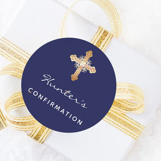 Confirmation navy blue boy cross name classic round sticker | Zazzle
