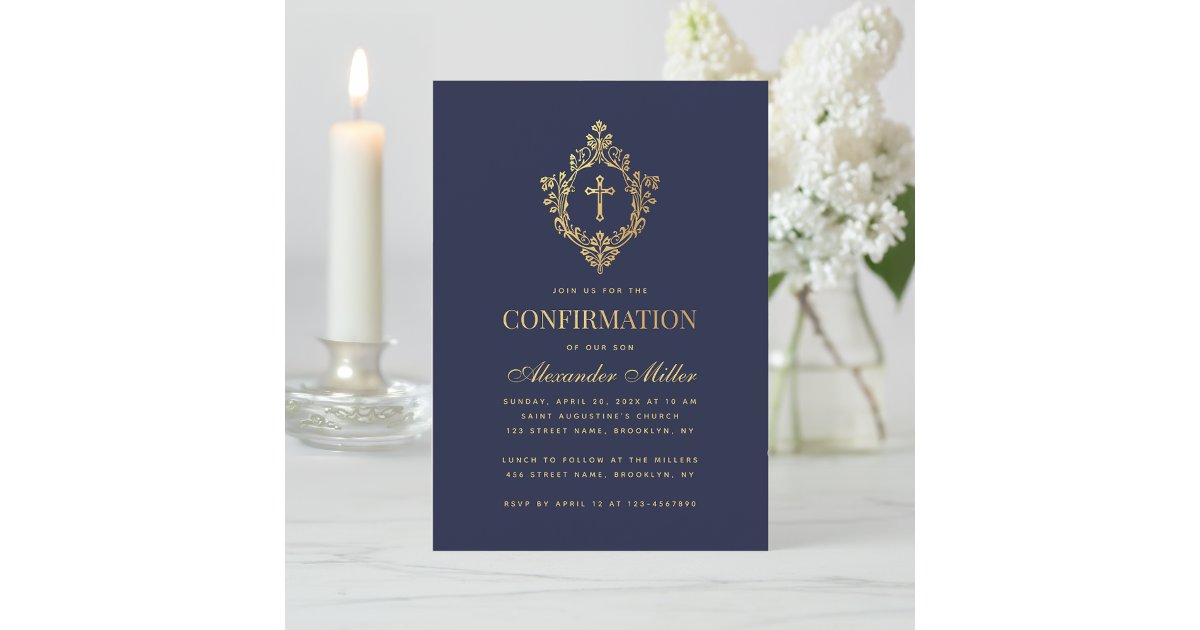 Confirmation Navy Blue Elegant Faux Gold Crest Boy Invitation | Zazzle
