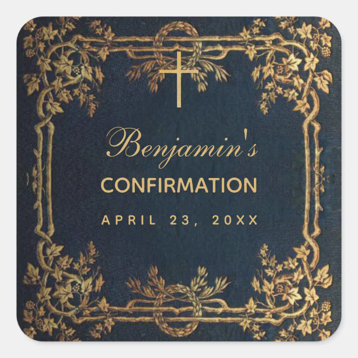 Confirmation Navy Blue Elegant Vintage Gold Vines Square Sticker | Zazzle