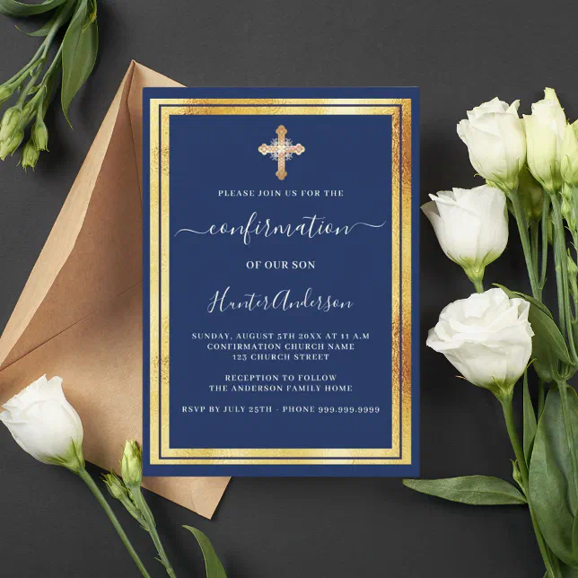 Confirmation navy blue gold gold cross luxury invitation | Zazzle