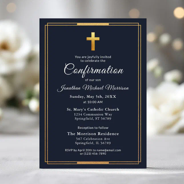 Confirmation Navy Blue Gold Minimalist Boy Invitation | Zazzle
