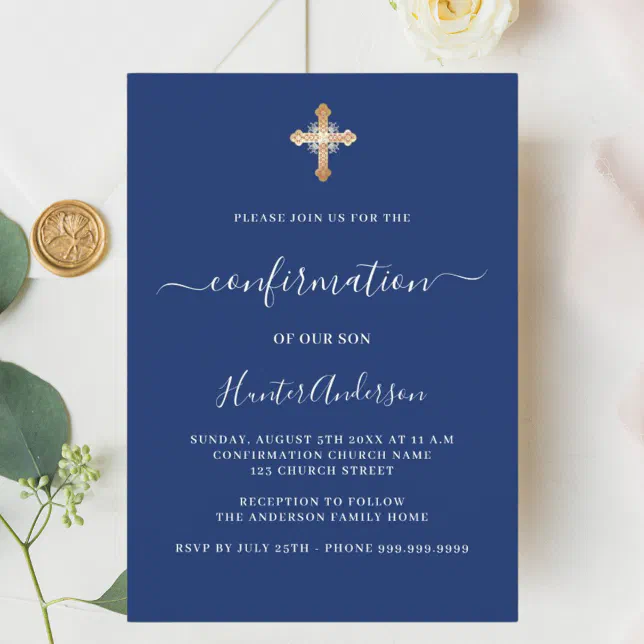 Confirmation navy blue white boy gold cross luxury invitation | Zazzle