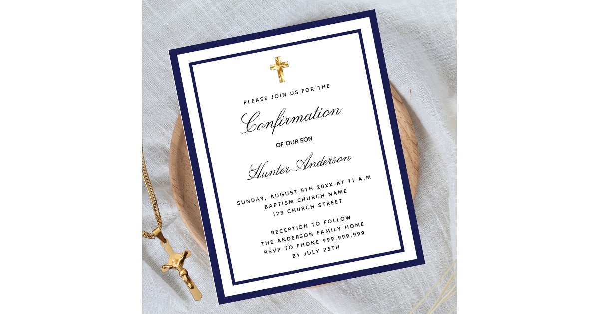 Confirmation navy blue white budget invitation flyer | Zazzle