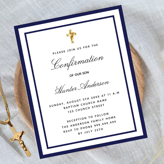 Confirmation navy blue white budget invitation flyer | Zazzle
