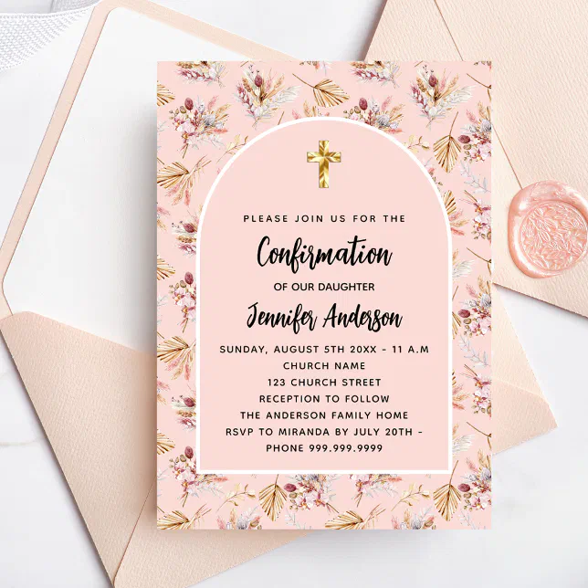 Confirmation pampas grass flowers rose gold boho invitation | Zazzle