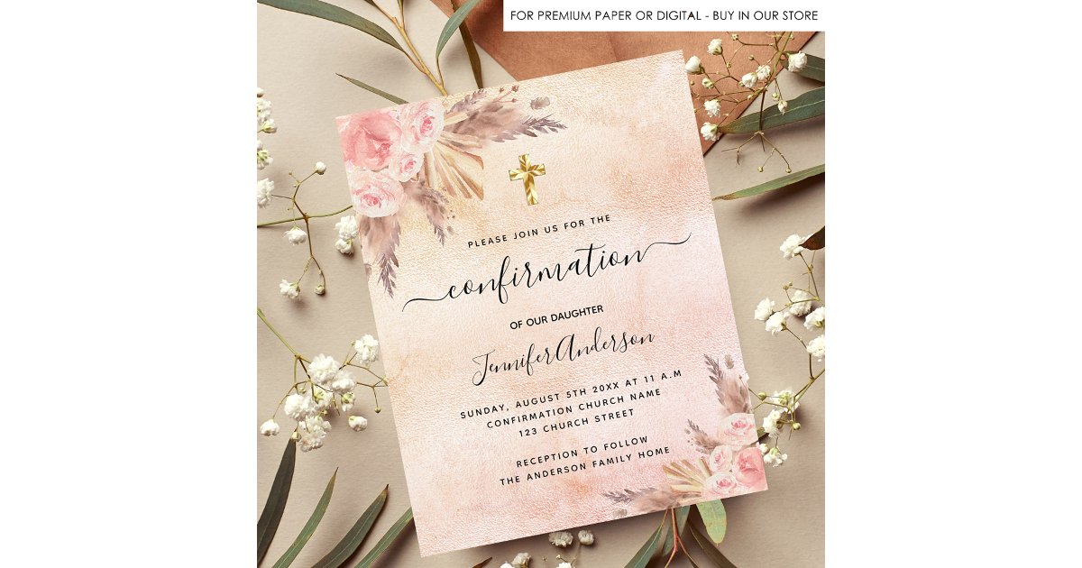 Confirmation pampas rose gold budget invitation flyer | Zazzle
