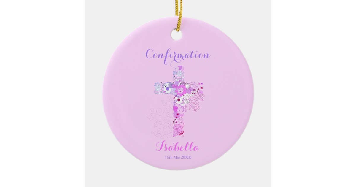 Confirmation pink floral cross ceramic ornament | Zazzle
