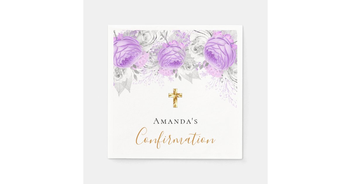 Confirmation purple violet floral white name girl napkins | Zazzle