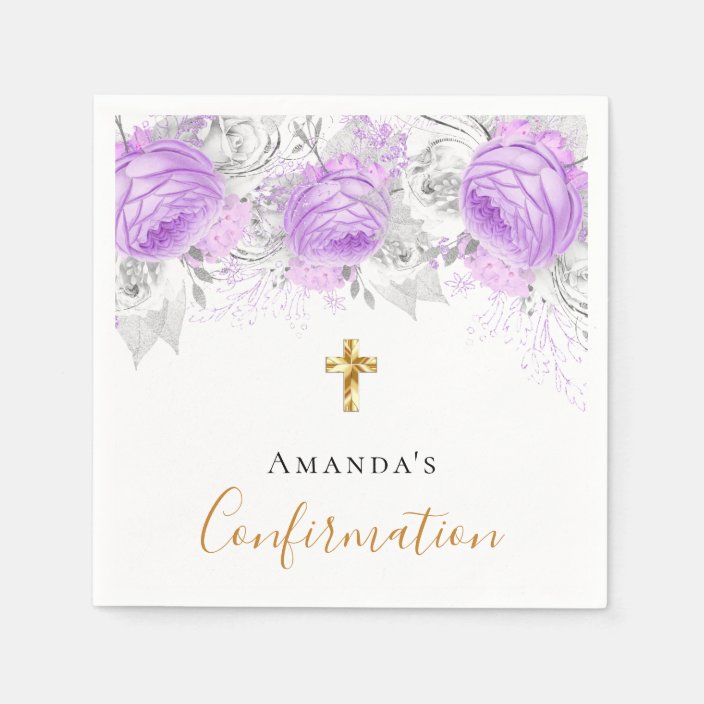 Confirmation purple violet floral white name girl napkins | Zazzle.com