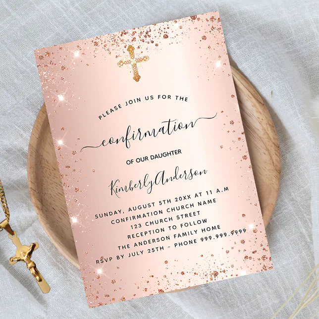 Confirmation rose gold blush pink invitation postcard | Zazzle