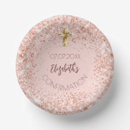 Confirmation rose gold confetti girl name paper bowls | Zazzle