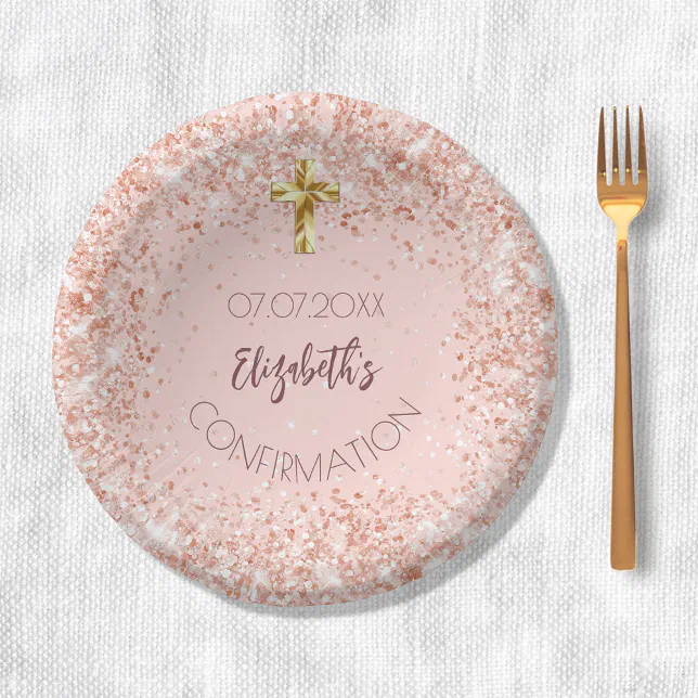 Confirmation rose gold confetti girl name paper bowls | Zazzle