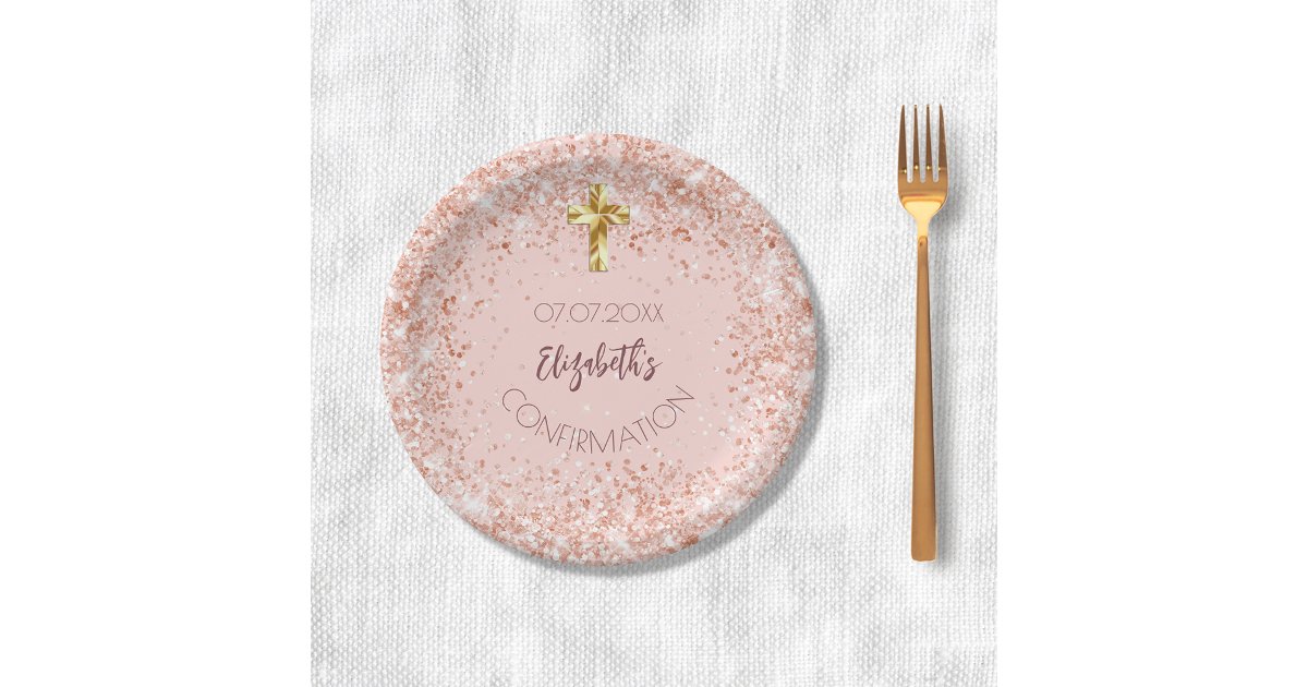 Confirmation rose gold confetti girl name paper plates | Zazzle