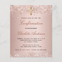 Confirmation rose gold glitter budget invitation flyer | Zazzle