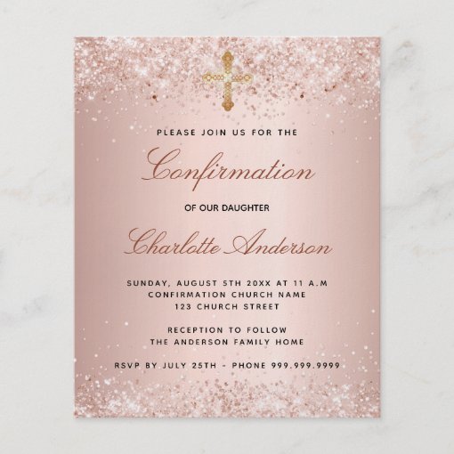 Confirmation rose gold glitter budget invitation flyer | Zazzle
