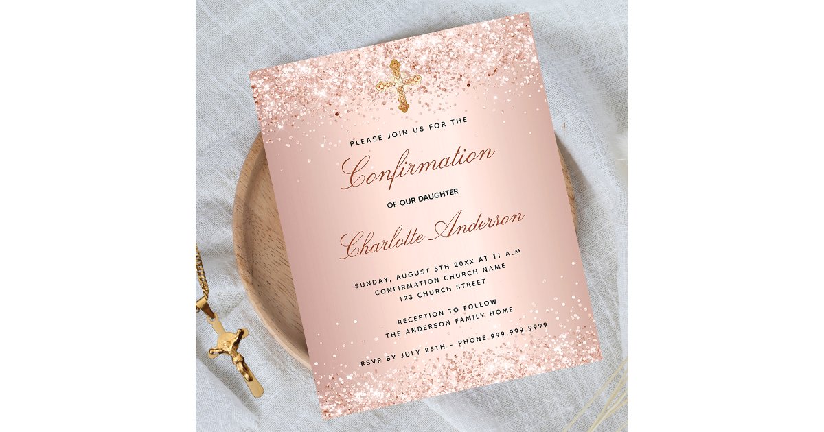 Confirmation rose gold glitter budget invitation flyer | Zazzle