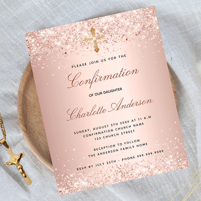 Confirmation rose gold glitter budget invitation flyer | Zazzle