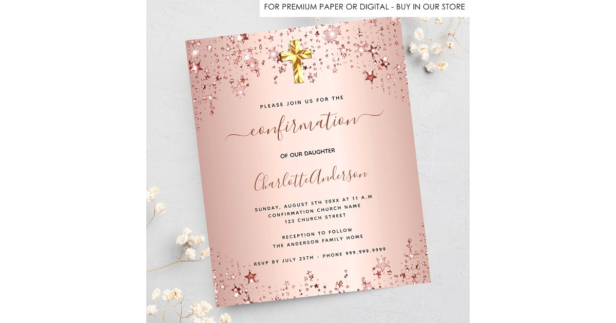 Confirmation rose gold star girl budget invitation flyer | Zazzle