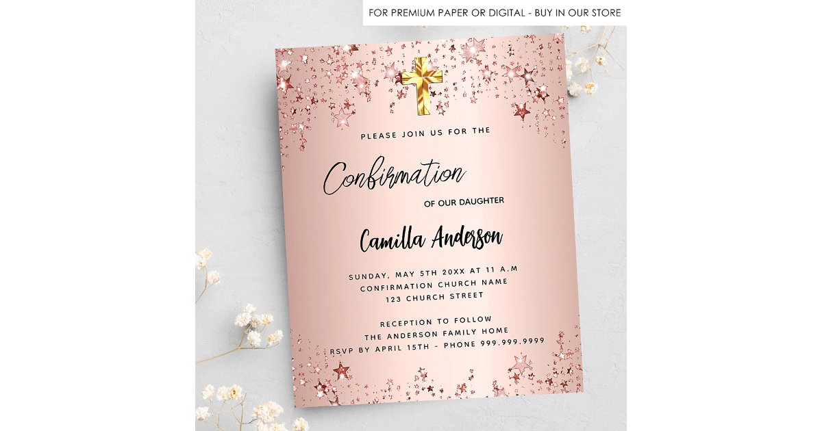 Confirmation rose gold stars budget invitation flyer | Zazzle