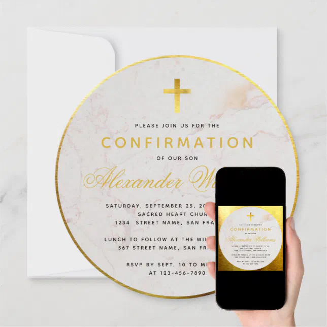 Confirmation Round Faux Gold Foil Marble Script Invitation | Zazzle