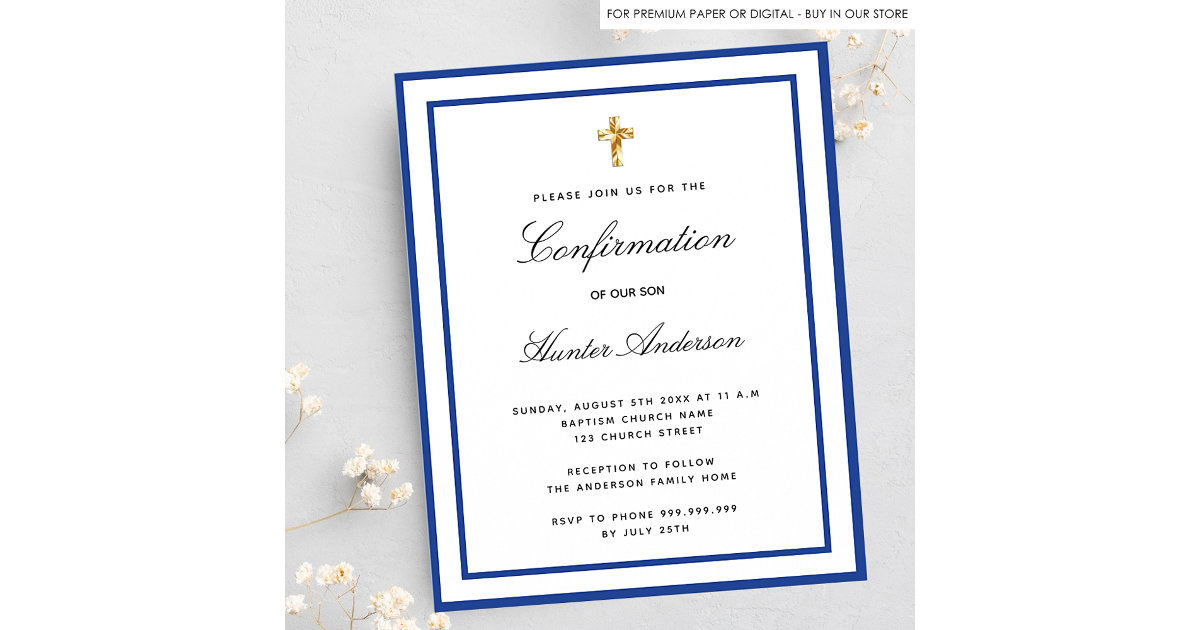 Confirmation royal blue white budget invitation flyer | Zazzle