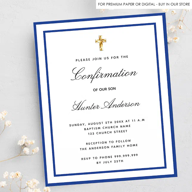 Confirmation royal blue white budget invitation flyer | Zazzle