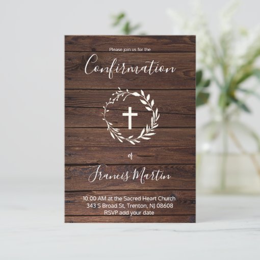 Confirmation | rustic wood background invitation | Zazzle